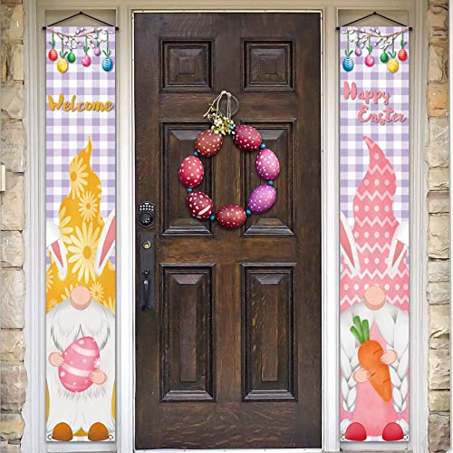 Pudodo Happy Easter Gnome Porch Banner Colorful Eggs Buffalo Plaid Check Spring Holiday Front Door Banner Wall Hanging Decoration