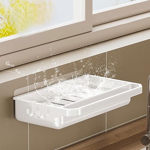 ZYLLZY Kitchen Storage Drain Rack, Kitchen Storage Drain Rack with 2 Hanging Hook No Punching Rag Washing Cloth Faucet Wall Mounted Holder, Faucet Sponge Holder Kitchen Sink Caddy Organizer (White)