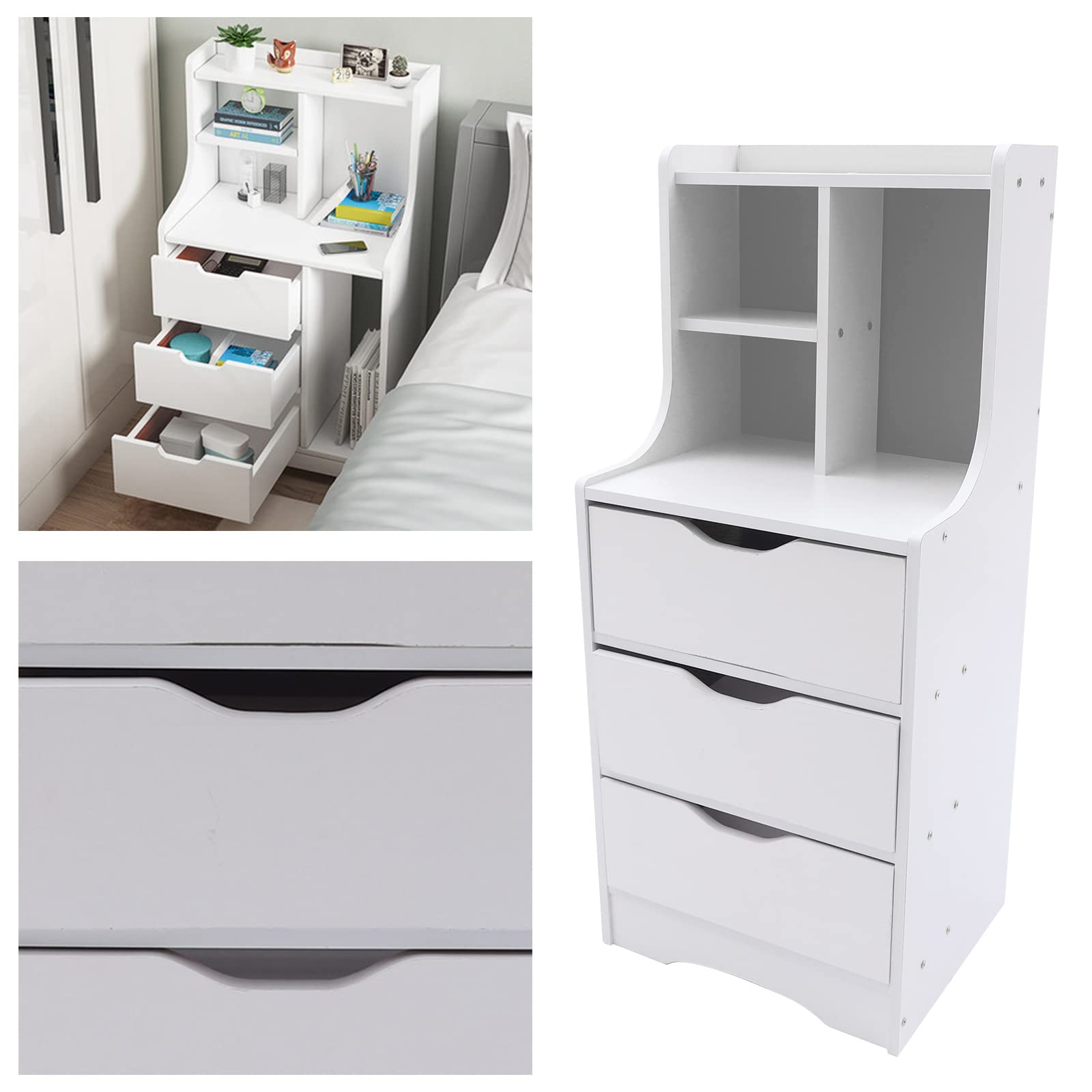 CNCEST 3 Layers of Drawers Nightstand Organizer Nightstand with Kitchen Cabinet and Storage Drawers for Scene: Bedroom, Living Room, Office, White