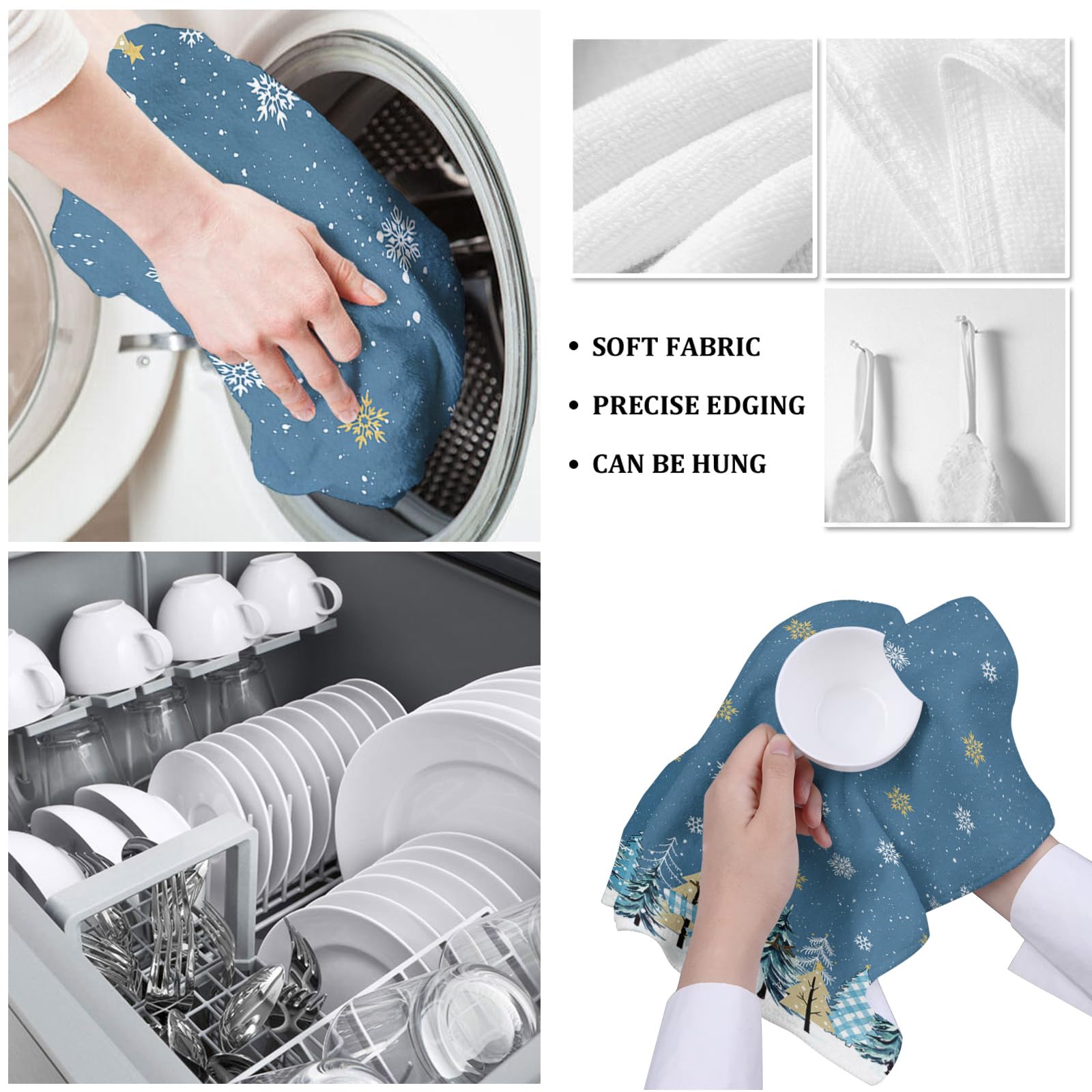 ZOE GARDEN Christmas Snowman Kitchen Towels,Absorbent Microfiber Kitchen Dish Hand Tea Bath Towel,Quick Dry Cleaning Cloth Dishclothes Decorative Sets, Blue Winter Tree Snowflake (1-PC, 18x28)