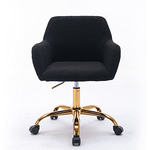 HomVent Furry Cute Office Chair, Teddy Swivel Desk Chair, Faux Fur Makeup Vanity Chair with Back, Black and Gold Desk Chair with Wheels, Upholstered Rolling Chair for Vanity Makeup Room Girls Women