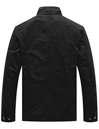 WenVen Men's Washed Cotton Canvas Safari Jacket Spring Military Coat (Black, L)