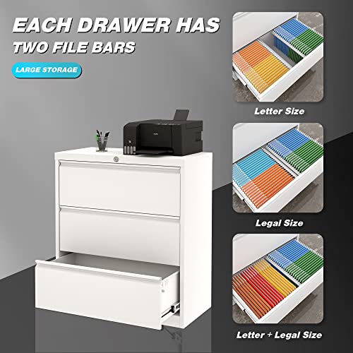 Aobabo Metal Lateral File Cabinet with Lock,Large Deep Drawer with Adjustable File Bars for Office,Home,35.43 Inches Wide for Letter/Legal A4 Size Drawer,Assembly Required (White,3 Drawer)………