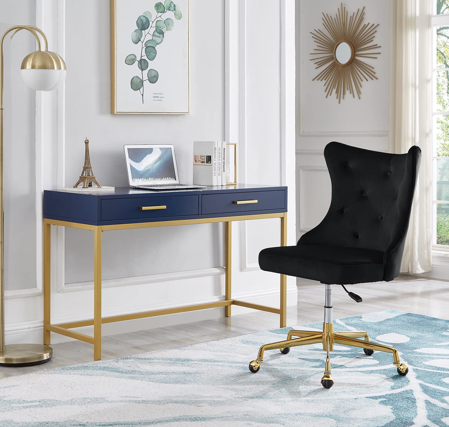 24KF Upholstered Tufted Button Velvet Office Chair with Golden Metal Base,Adjustable Height Swivel Office Chair -Black