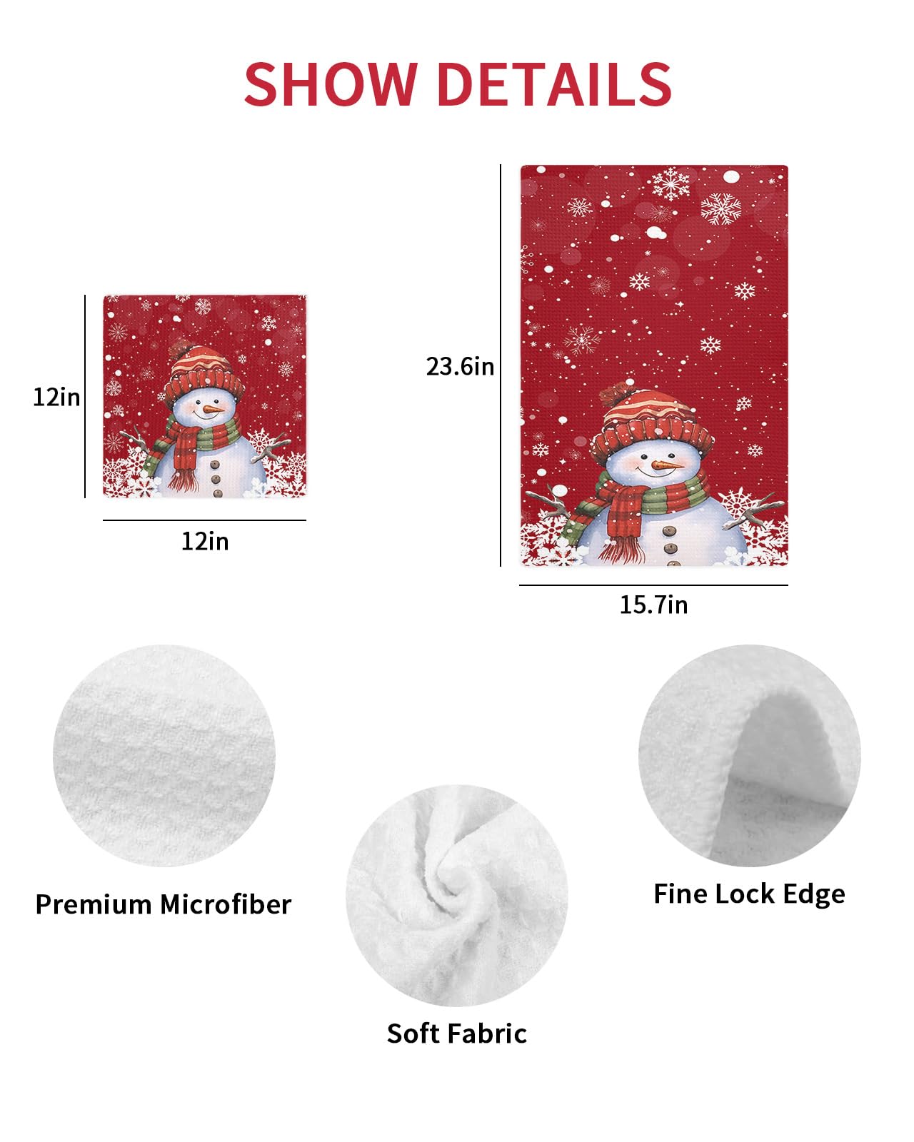 Onekaccu Winter Snowman Christmas Dish Towels Set, Waffle Weave Kitchen Towels Microfiber Towels Cleaning Red Christmas Snowflake Xmas Soft Absorbent Dish Drying Towels Hand Towels 2 Pack 12x12 in