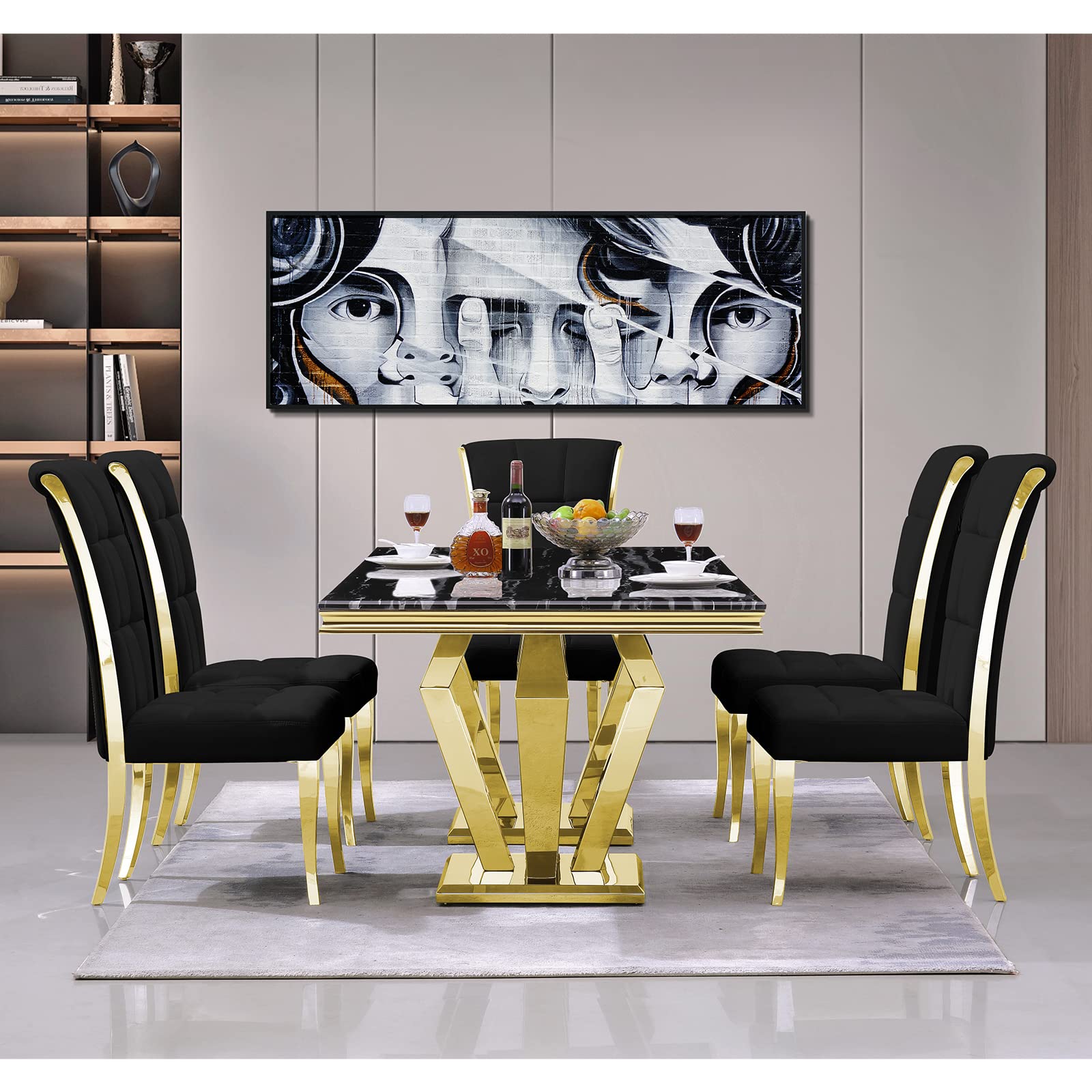 Asday Black and Gold Dining Chairs Set of 4, Black Velevt Upholstered Kitchen Chair with Metal Ring Pull, High Back Dining Chairs with Gold Stainless Steel Legs