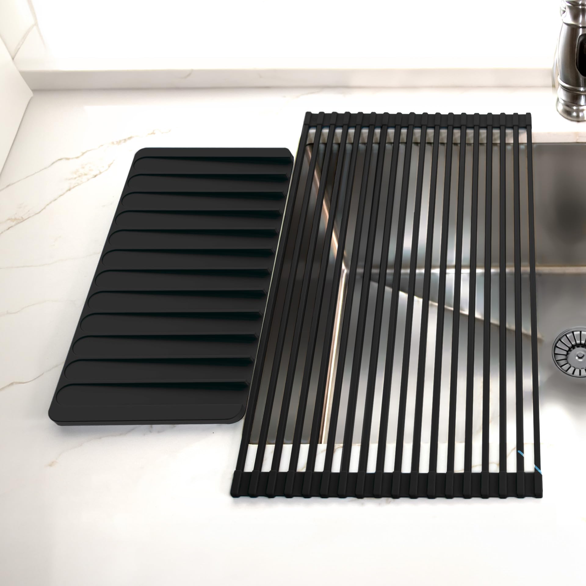 TRUSTAINLESS Combo Pack - Premium Multipurpose Black Silicone Extra Large 21 Inch Rolling Sink Rack and Drying Mat. Multipurpose Kitchen Accessory and Trivet