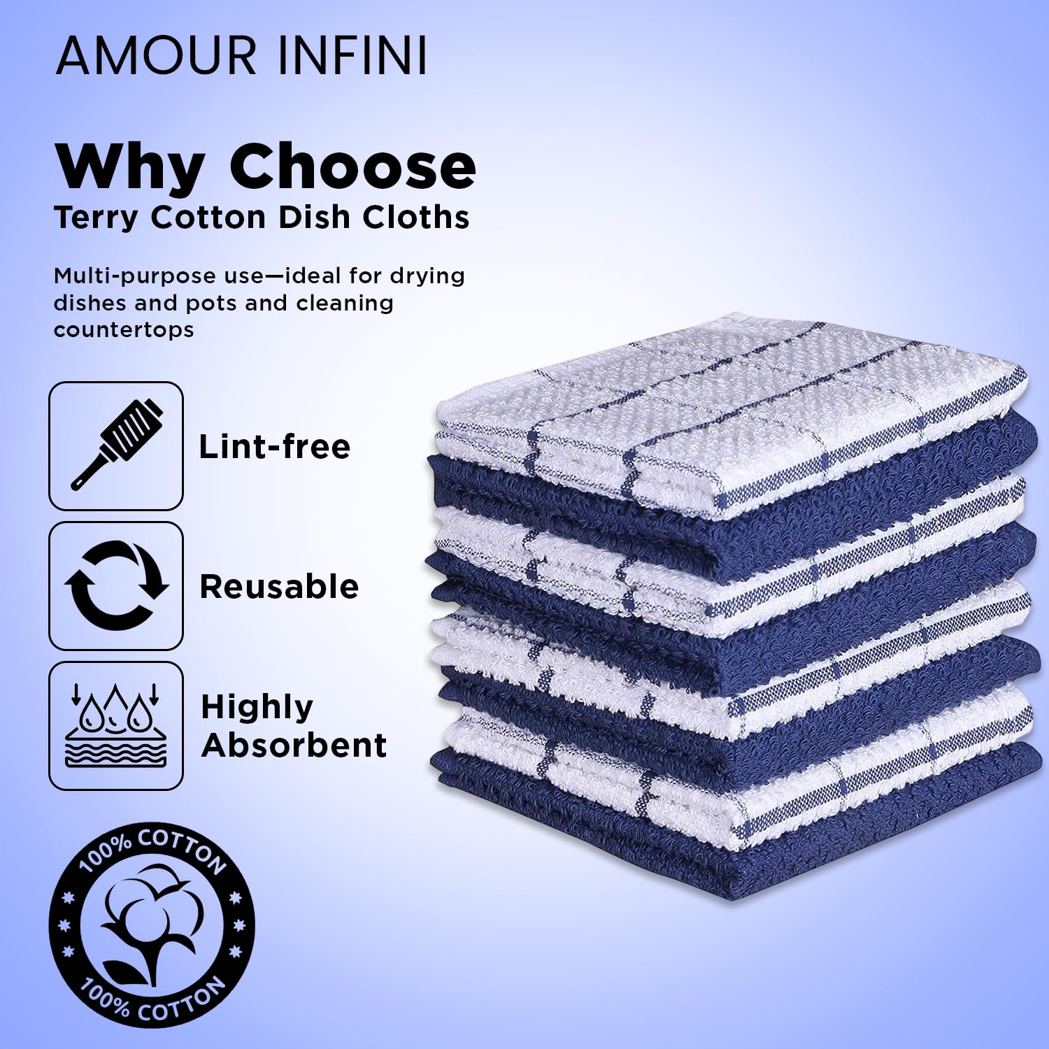 AMOUR INFINI Kitchen Dish Cloths Set of 8 – Highly Absorbent, Super Soft Terry Cotton Dishcloth (12"x12" Inch) Wash & Cleaning Cloths for Kitchen & Dishwashing (Blue)