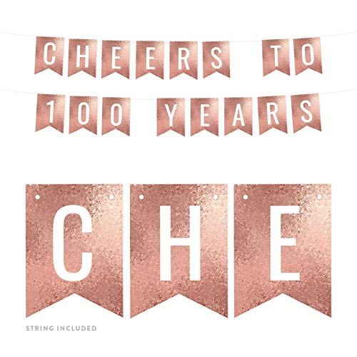 Andaz Press Rose Gold Glitter Mosaic Birthday Party Banner Decorations, Cheers to 100 Years, Approx 5-Feet, 1-Set, 100th Birthday Milestone Colored Hanging Pennant Decor