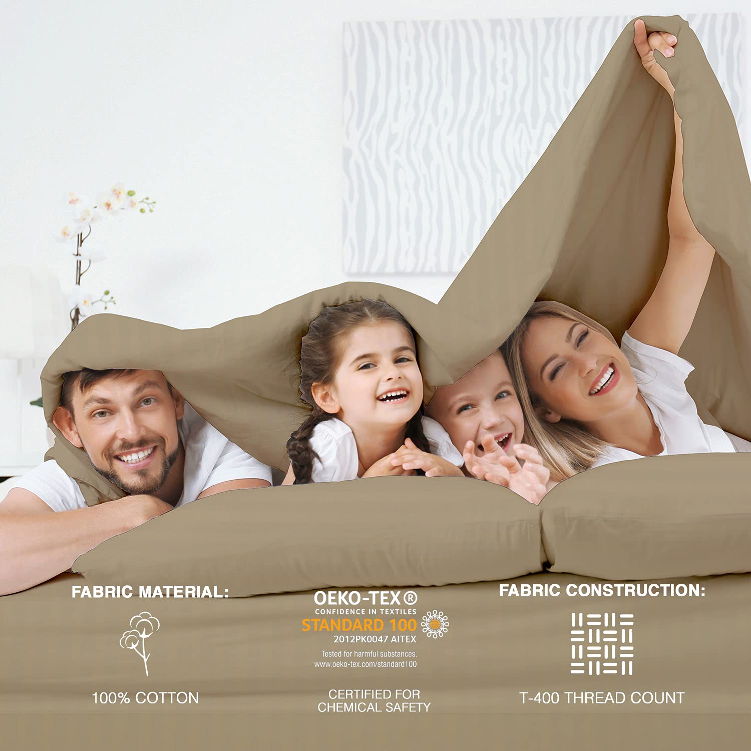 Sunday Home 400 Thread Count 100% Cotton Sheets Damask Stripe Khaki Queen Sheets Set 4 Piece - Ultra Soft Long Staple Sateen Weave Luxury Bed Sheet Set with 16" Deep Pockets - Oeko Tex Certified