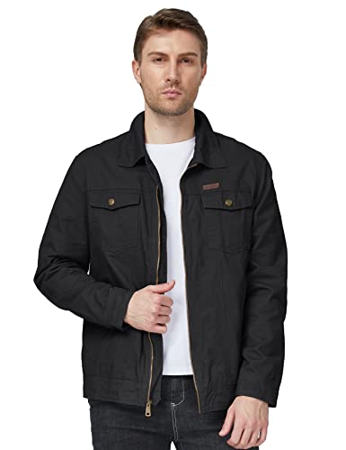 WenVen Men's Casual Cotton Jacket Canvas Military Field Jacket (B-Black,M)