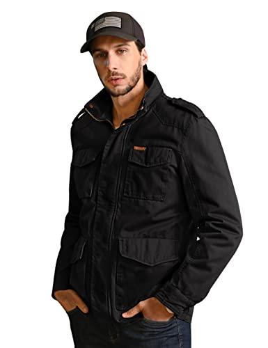 WenVen Men's Washed Cotton Canvas Safari Jacket Spring Military Coat (Black, L)