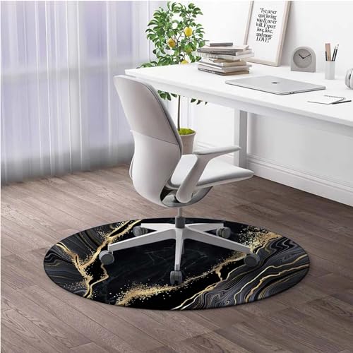 Round Desk Chair Mat Black Gold Office Floor Protector Marble Non-Slip Computer Desk Mat for Tile Floor, Rolling Chairs 5 FT