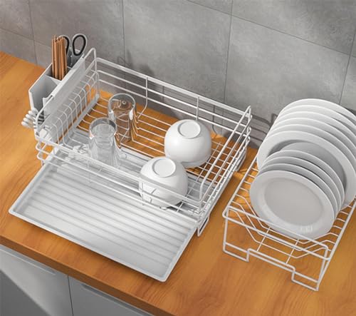 VIDECOR Dish Drainer Rack, Expandable Dish Drying Rack with Utensil Holder Cup Holder, Stainless Steel Dish Drying Rack and Drainboard Set for Kitchen Counter,A