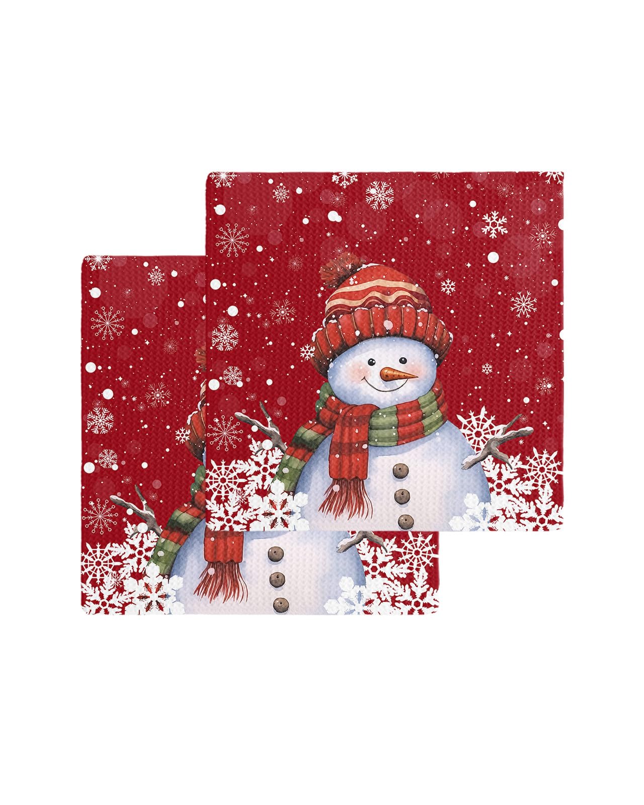 Onekaccu Winter Snowman Christmas Dish Towels Set, Waffle Weave Kitchen Towels Microfiber Towels Cleaning Red Christmas Snowflake Xmas Soft Absorbent Dish Drying Towels Hand Towels 2 Pack 12x12 in
