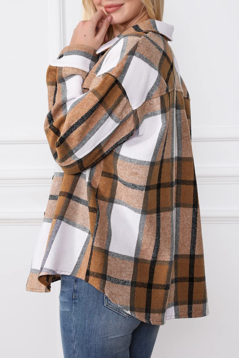 Trendy Queen Womens Flannel Shacket Casual Jacket Plaid Button Down Long Sleeve Shirt Fall Winter Outfits, Apricot, XL