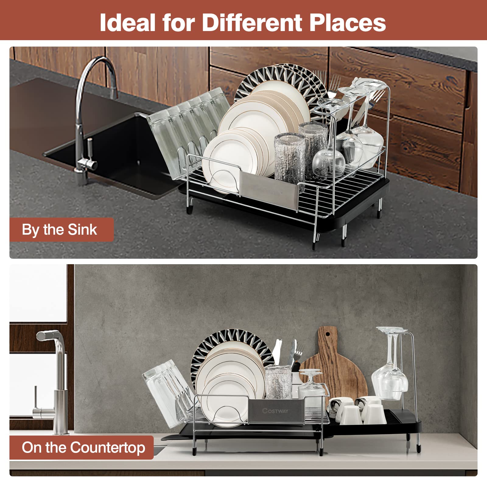 Giantex Stainless Steel Dish Rack, Expandable Dish Drainer Rack with Cutlery Cup Glass Holder, Removable Drip Tray, 360-Degree Swiveling Spout, Rust Proof Dish Dryer Rack for Kitchen Counter