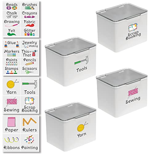mDesign Stackable Plastic Craft, Sewing, Crochet Storage Container Box with Lid - Compact Organizer and Holder for Thread, Beads, Ribbon, Glitter, Clay - 4 Pack, Includes 32 Labels - Light Gray/Clear