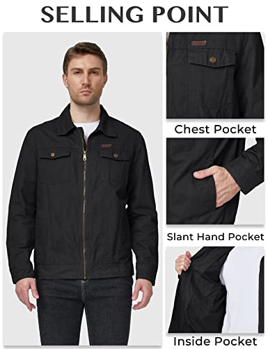 WenVen Men's Casual Cotton Jacket Canvas Military Field Jacket (B-Black,M)