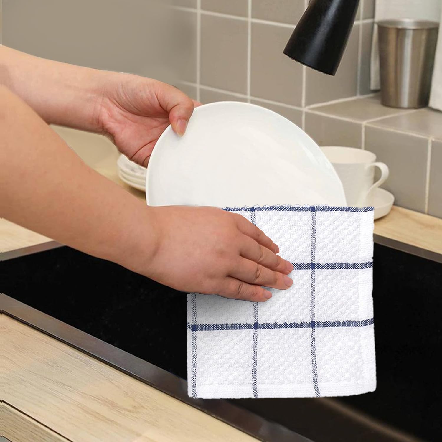 AMOUR INFINI Kitchen Dish Cloths Set of 8 – Highly Absorbent, Super Soft Terry Cotton Dishcloth (12"x12" Inch) Wash & Cleaning Cloths for Kitchen & Dishwashing (Blue)