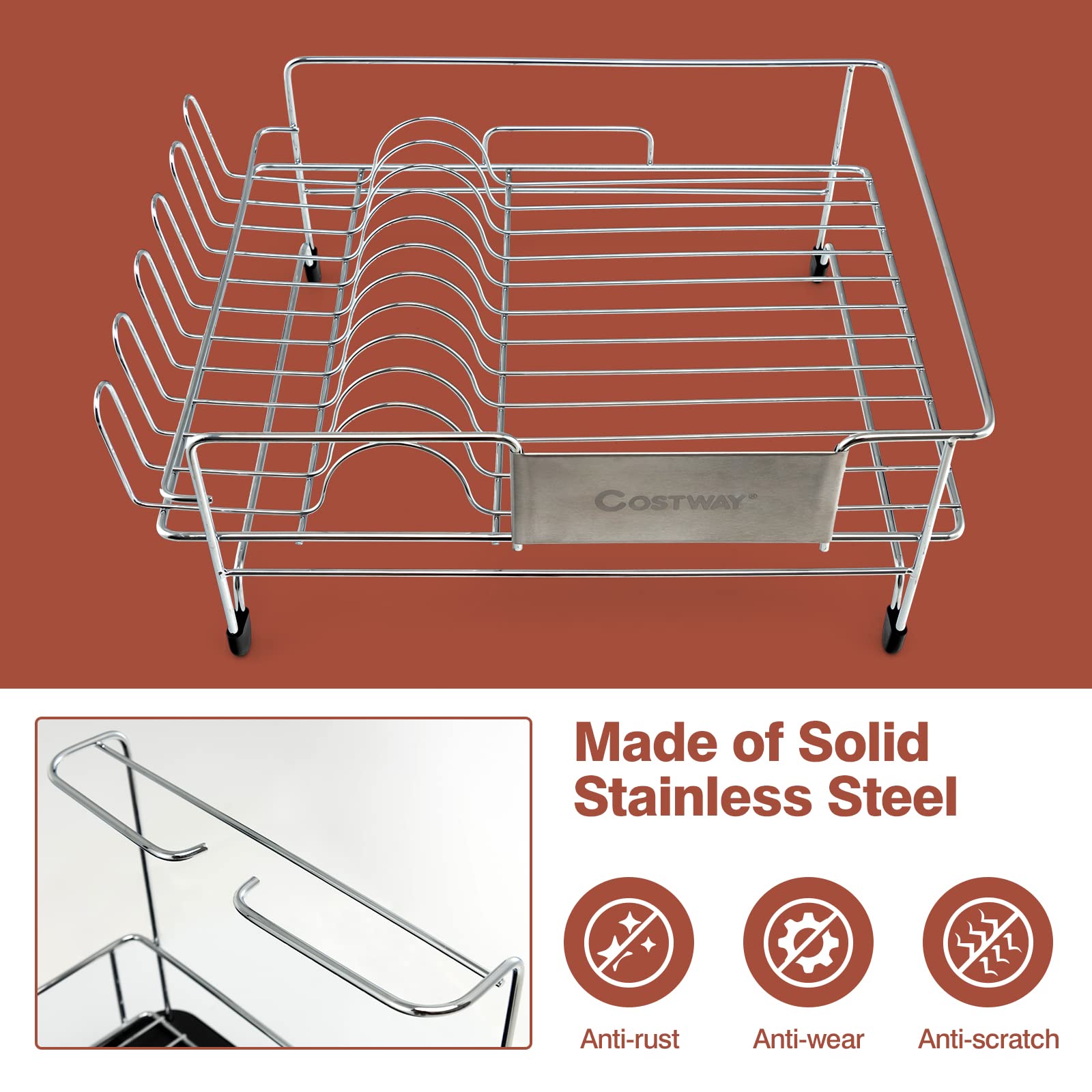 Giantex Stainless Steel Dish Rack, Expandable Dish Drainer Rack with Cutlery Cup Glass Holder, Removable Drip Tray, 360-Degree Swiveling Spout, Rust Proof Dish Dryer Rack for Kitchen Counter