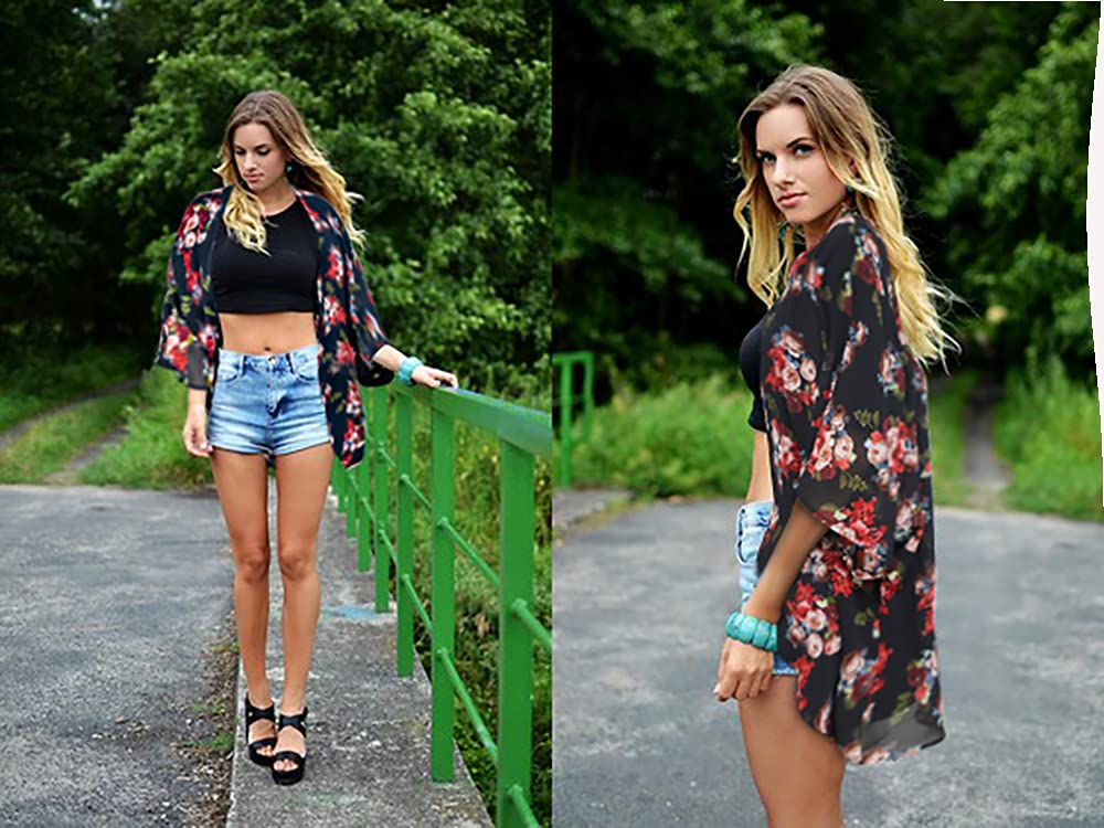 Women's Floral Print Puff Sleeve Kimono Cardigan Loose Cover Up Casual Blouse Tops(BLACK S)
