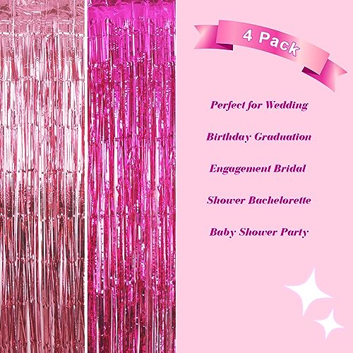 4 Pack 3.3×6.5 ft Pink and Rose Red Metallic Tinsel Foil Fringe Curtains Photo Booth Backdrop Decor Streamers Fringe Backdrop for Birthday Wedding Engagement Baby Shower Holiday Party Decorations