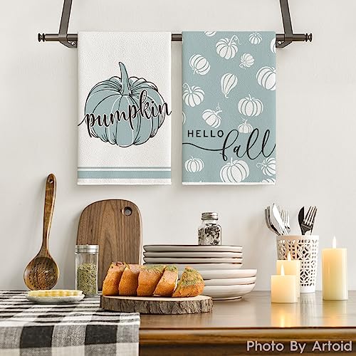 Artoid Mode Blue Watercolor Pumpkin Hello Fall Kitchen Towels Dish Towels, 18x26 Inch Seasonal Decoration Hand Towels Set of 2