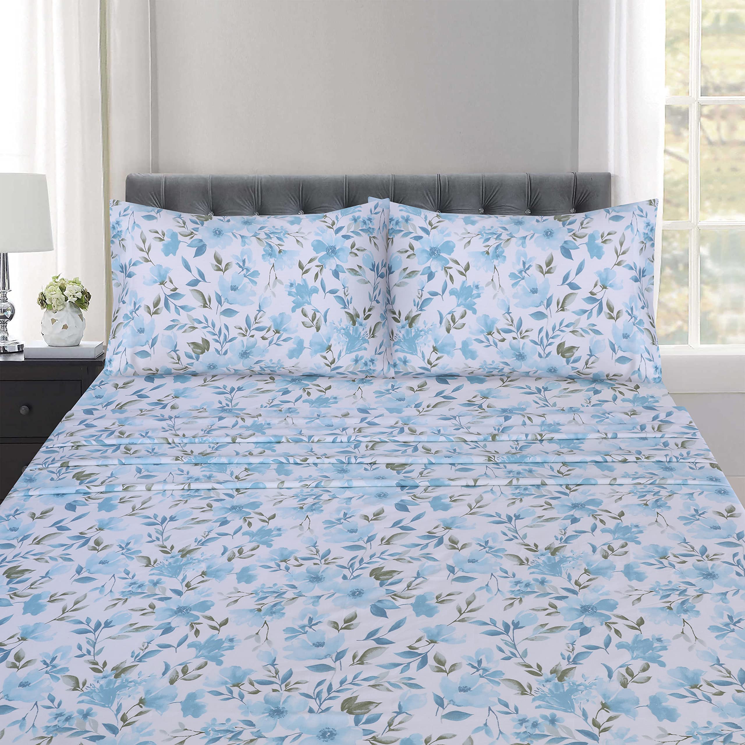 RUVANTI 100% Cotton Sheets for Queen Size Bed - Cooling Sateen Sheets - Breathable & Durable Queen Sheet Set - 16 Inches Deep Pocket Queen Size Sheets - Erica Floral - 4 Pieces