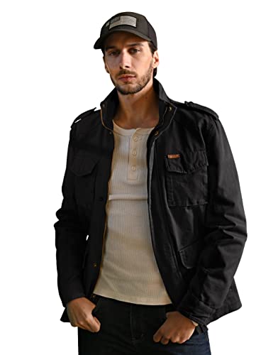 WenVen Men's Washed Cotton Canvas Safari Jacket Spring Military Coat (Black, L)