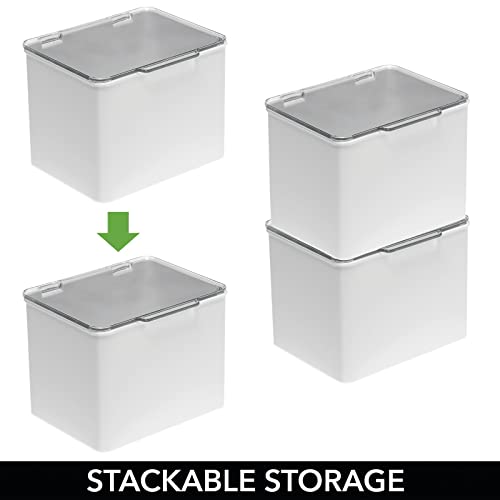 mDesign Stackable Plastic Craft, Sewing, Crochet Storage Container Box with Lid - Compact Organizer and Holder for Thread, Beads, Ribbon, Glitter, Clay - 4 Pack, Includes 32 Labels - Light Gray/Clear