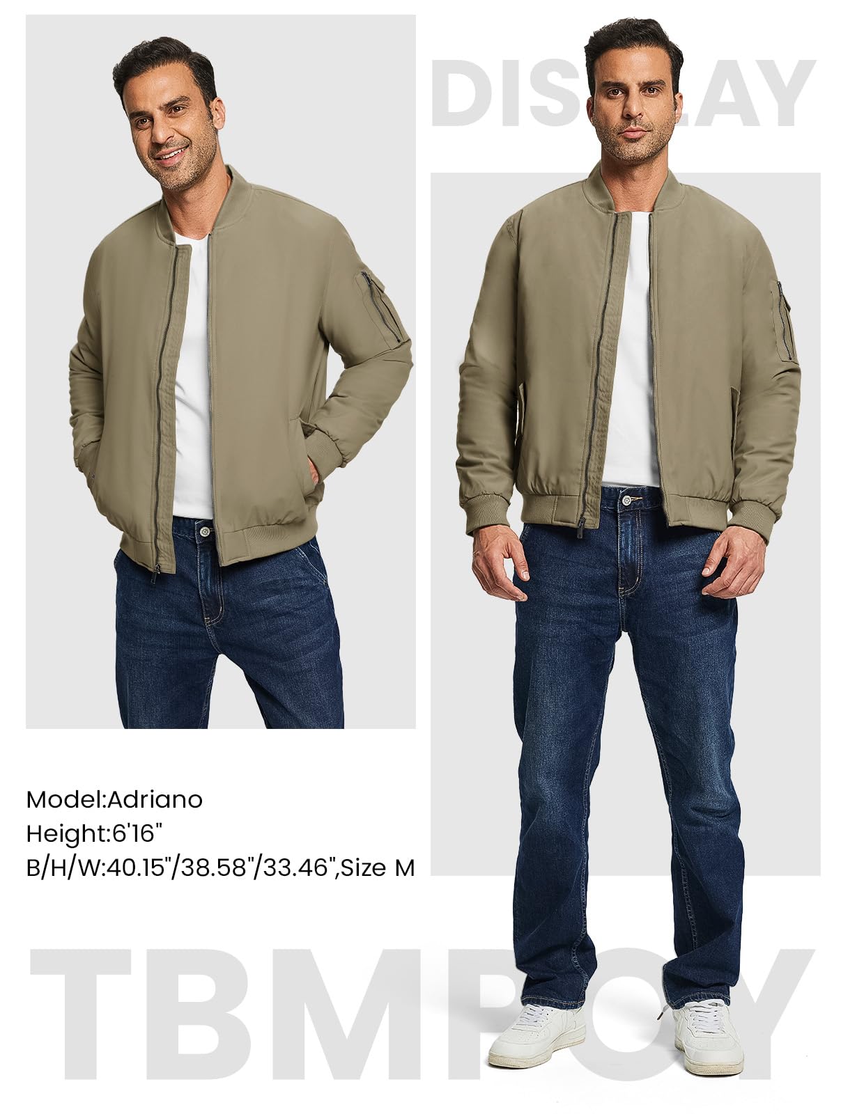 TBMPOY Men's Bomber Jacket Lightweight Winter Windbreaker Zip Up Padded Softshell Windproof Water-Resistant Casual Fall Coat Khaki L