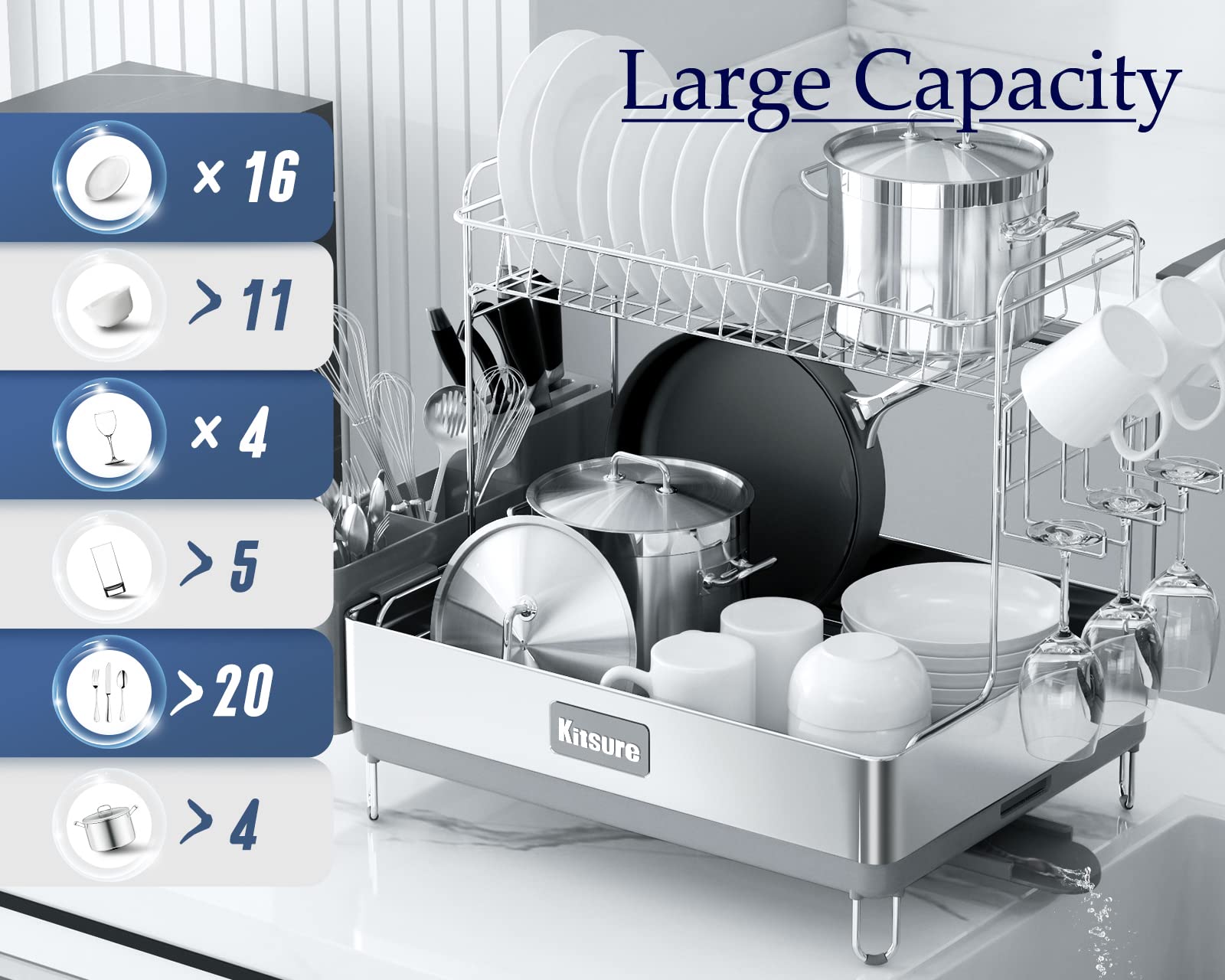 Kitsure 2-Tier Dish Rack, Large Capacity, Stainless Steel, Dish Drying Rack with Drainboard, Multifunctional Kitchen Dish Rack for Dishware