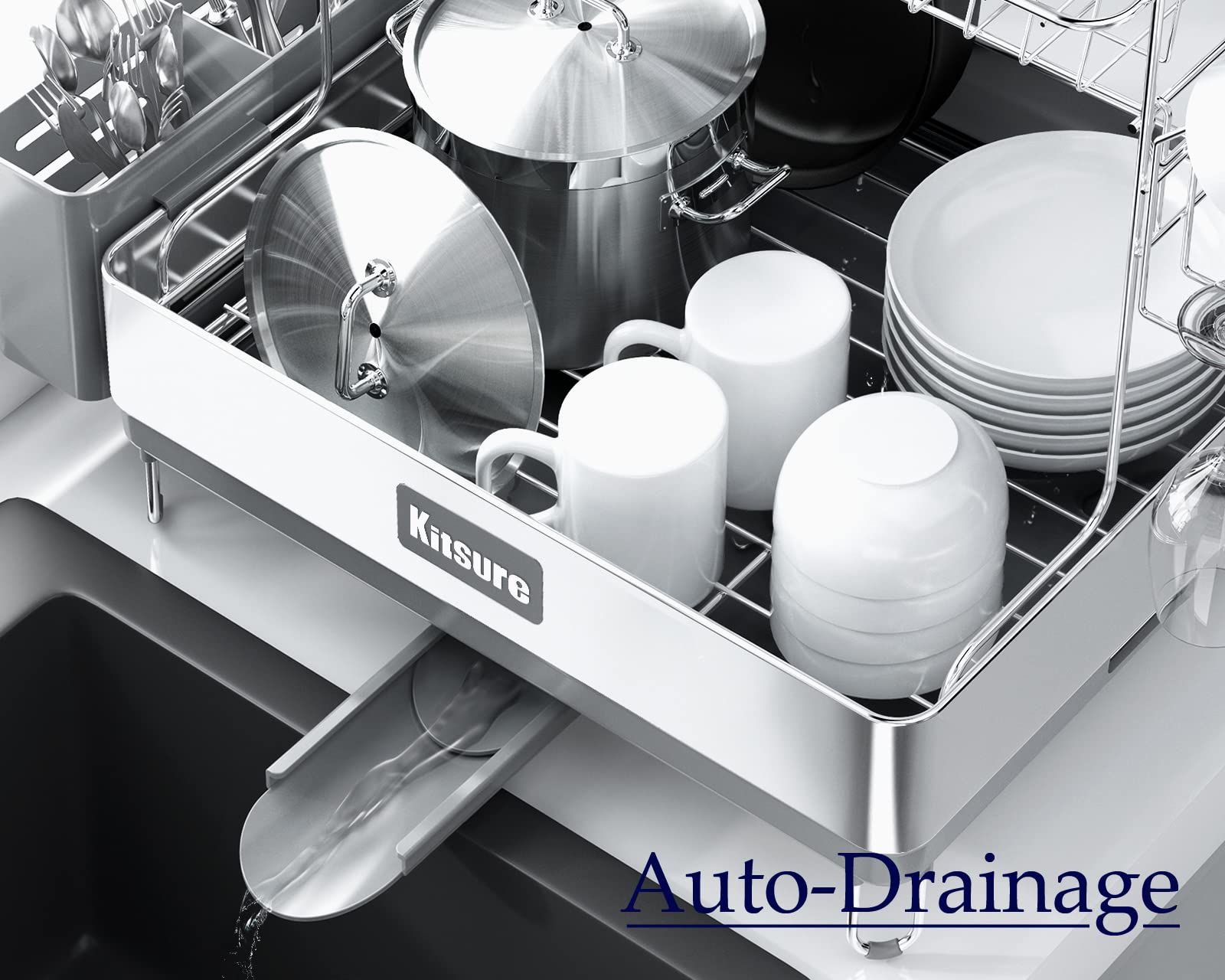 Kitsure 2-Tier Dish Rack, Large Capacity, Stainless Steel, Dish Drying Rack with Drainboard, Multifunctional Kitchen Dish Rack for Dishware