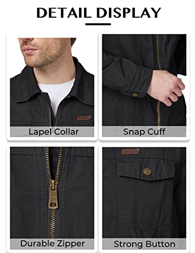 WenVen Men's Casual Cotton Jacket Canvas Military Field Jacket (B-Black,M)