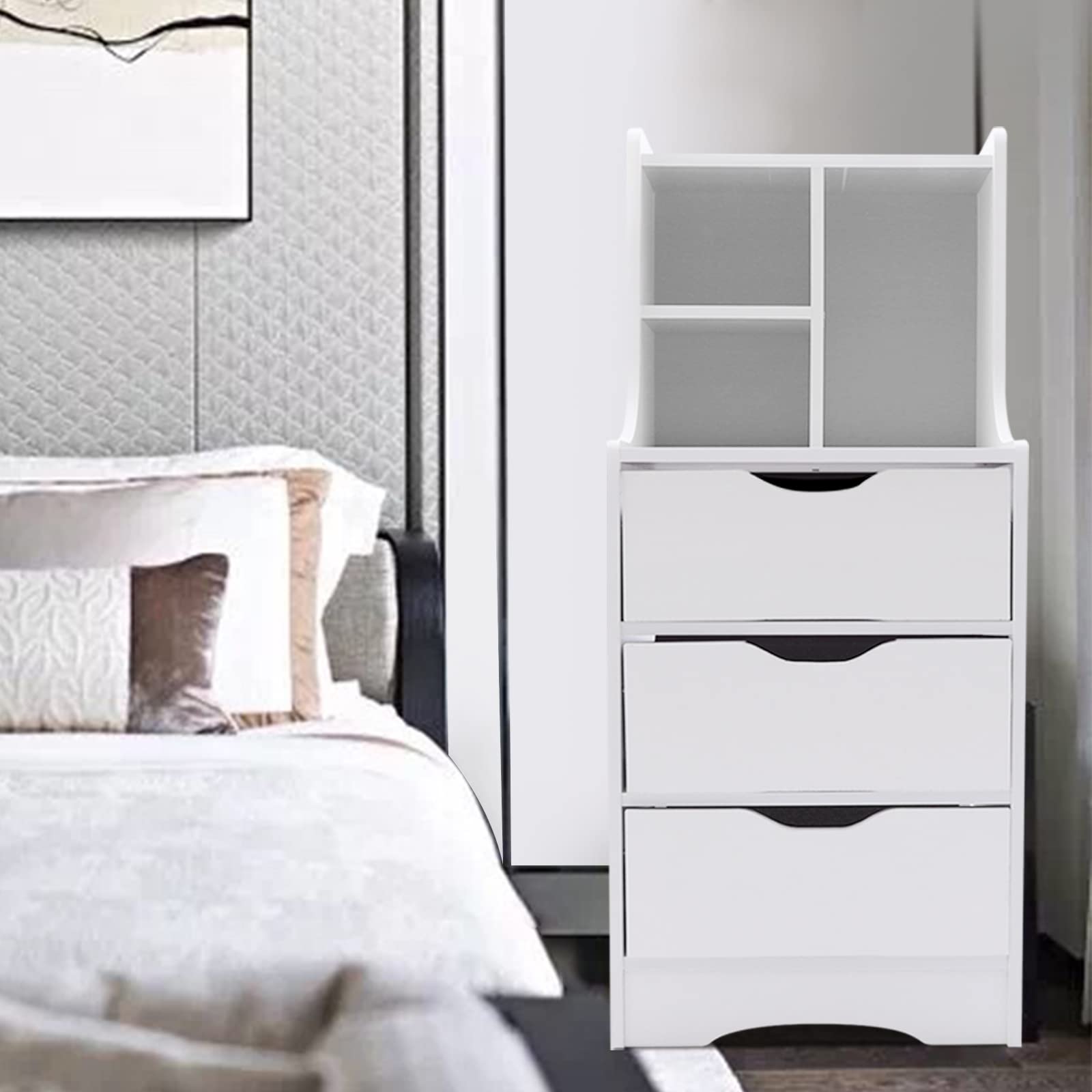 CNCEST 3 Layers of Drawers Nightstand Organizer Nightstand with Kitchen Cabinet and Storage Drawers for Scene: Bedroom, Living Room, Office, White