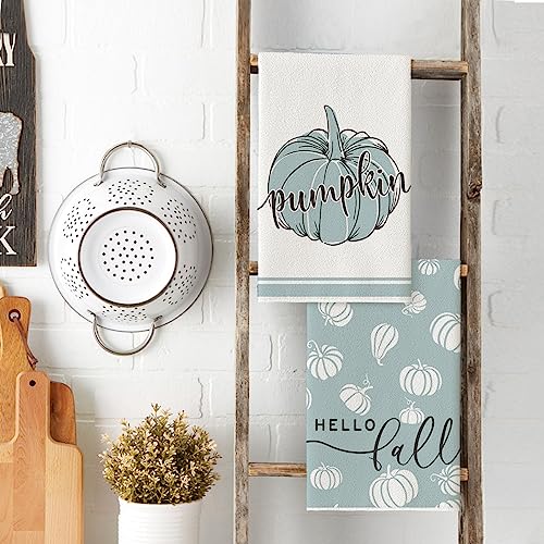 Artoid Mode Blue Watercolor Pumpkin Hello Fall Kitchen Towels Dish Towels, 18x26 Inch Seasonal Decoration Hand Towels Set of 2
