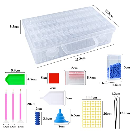 MESTOP 5D Diamond Painting Storage Containers Diamond Art Accessories Beads Storage Box with Funnel Plate 140pcs Label Stickers for Seeds DIY Art Crafts (64 Grids)