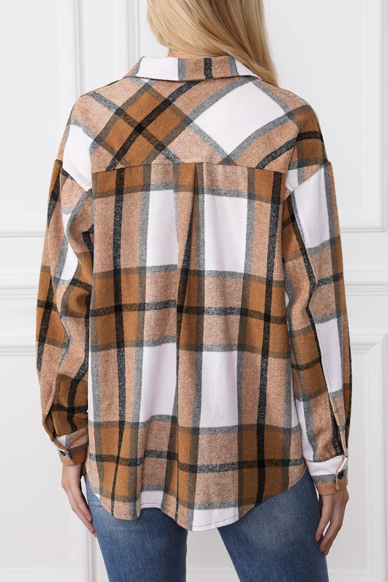 Trendy Queen Womens Flannel Shacket Casual Jacket Plaid Button Down Long Sleeve Shirt Fall Winter Outfits, Apricot, XL