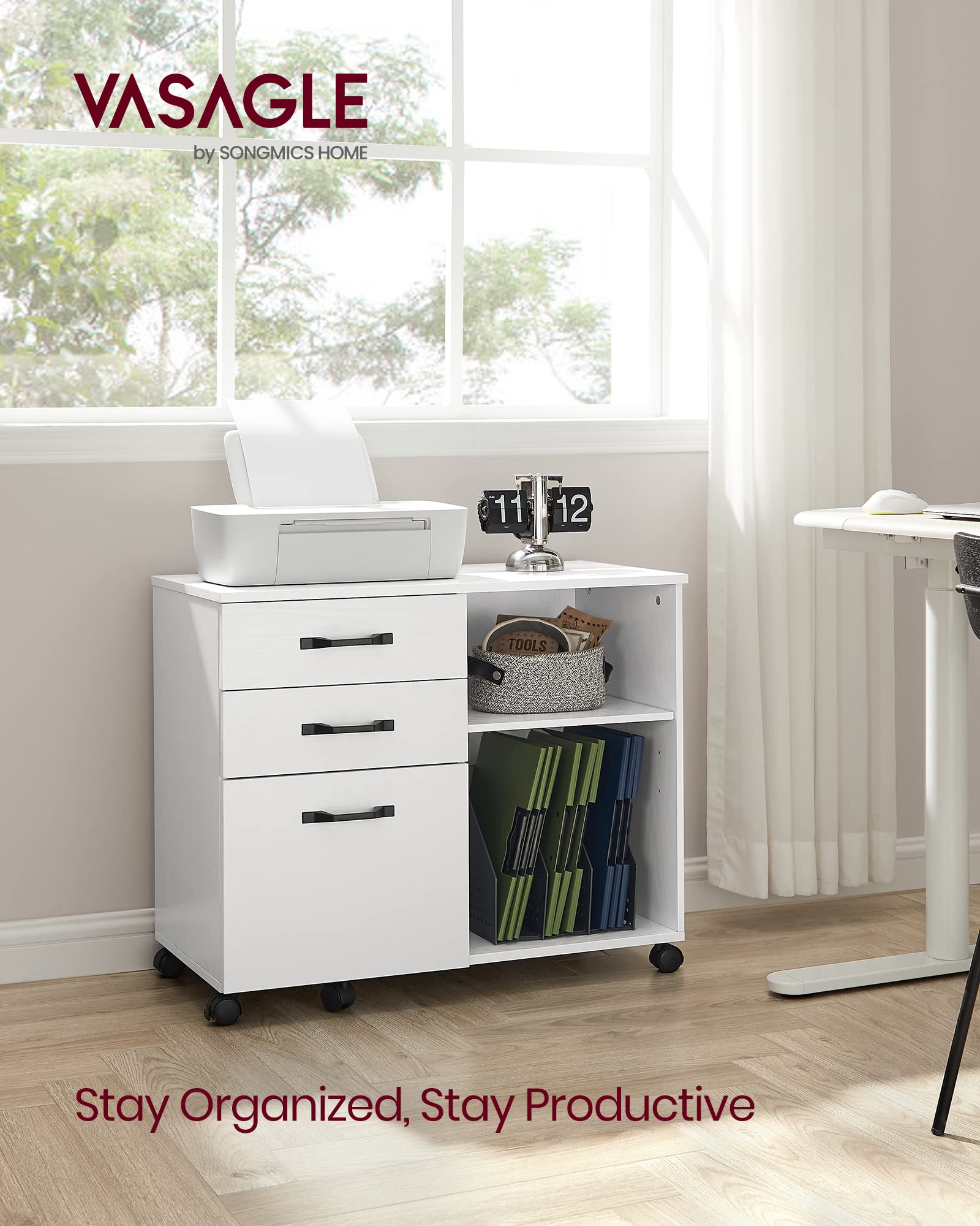 VASAGLE Lateral File Cabinet, Home Office Printer Stand, 3-Drawer Mobile Filing Cabinet with Open Storage Shelves, for A4, Letter-Size Files, White with Wood Grain UOFC041W46