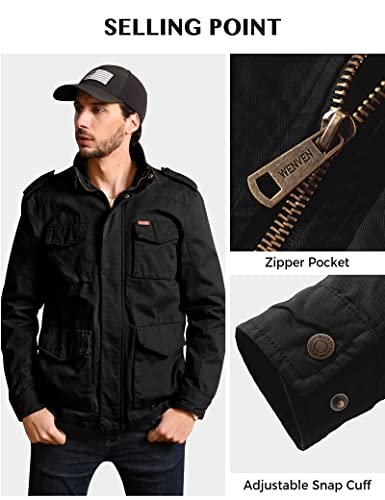 WenVen Men's Washed Cotton Canvas Safari Jacket Spring Military Coat (Black, L)