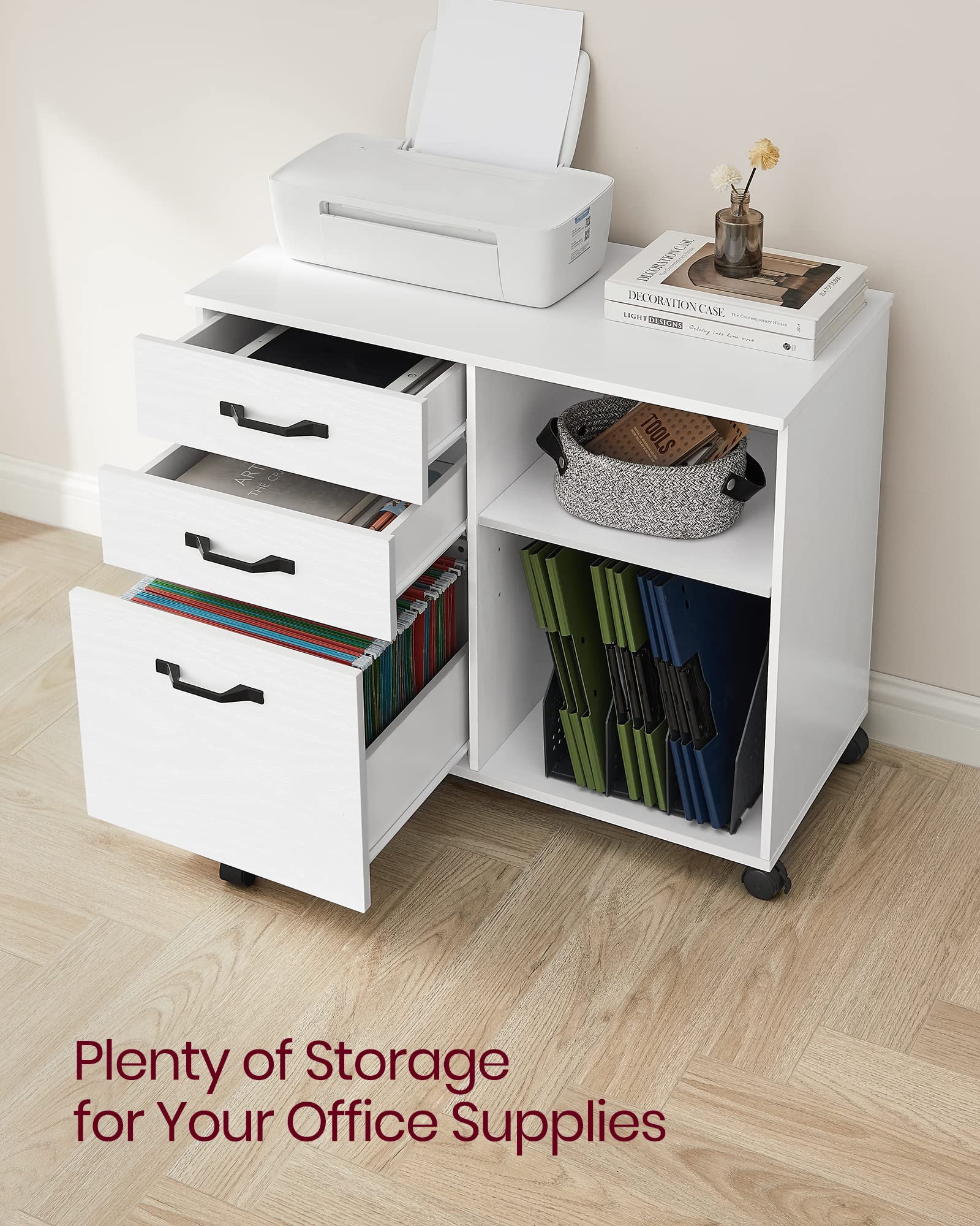 VASAGLE Lateral File Cabinet, Home Office Printer Stand, 3-Drawer Mobile Filing Cabinet with Open Storage Shelves, for A4, Letter-Size Files, White with Wood Grain UOFC041W46