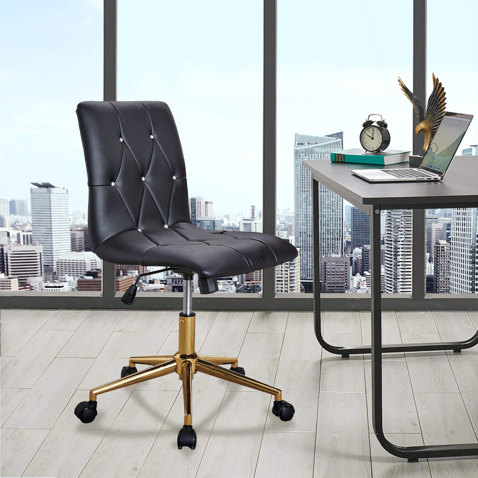 DUHOME Leather Home Office Chair, Armless Black Desk Chair with Gold Base, Adjustable Task Chair Computer Chair Rolling Chair with Wheels for Teens