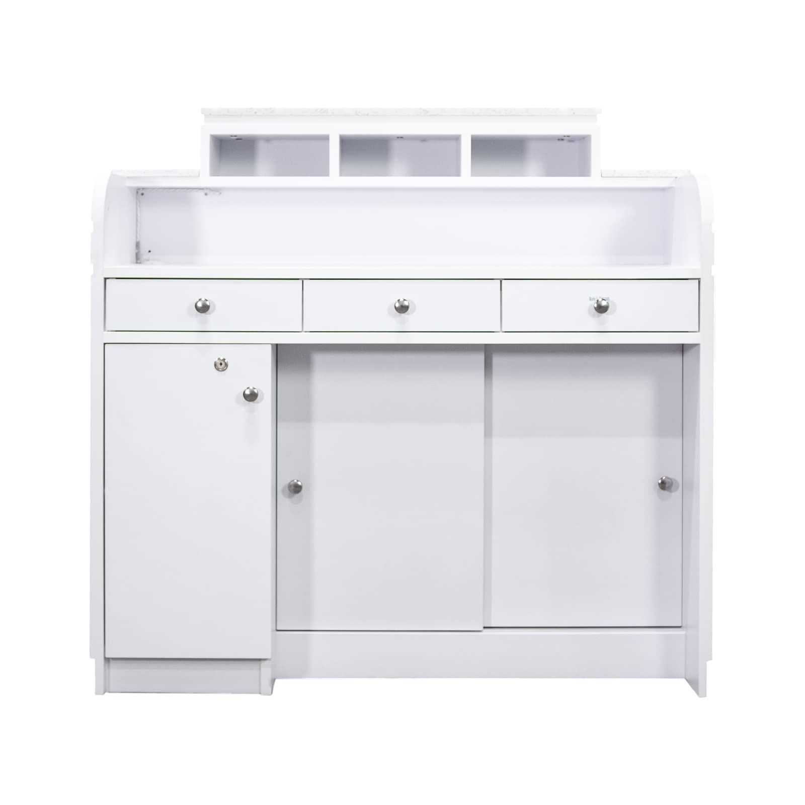 MAYAKOBA NAPA Reception Desk Square Table with LED Light and Marble Top, Office Restaurant Beauty Spa Salon Furniture, Luxe White/Silver Accents