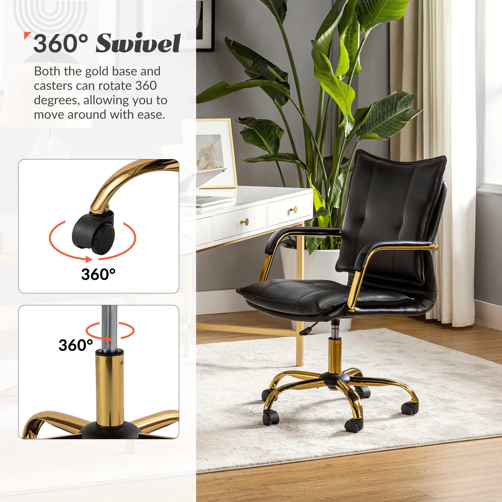 HULALA HOME Faux Leather Home Office Desk Chair, Adjustable Swivel Computer Chair with Golden Legs and Arms, Comfy Upholstered Task Chair, Black