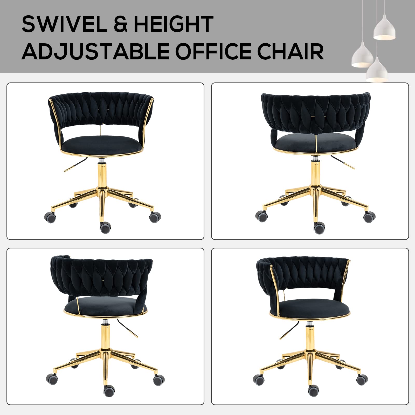 NIOIIKIT Velvet Office Desk Chair with Hand Woven Backrest, 360° Swivel & Height Adjustable Task Chairs, Makeup Chair, Living Room Chairs with Stainless Base and 5 Wheels (Black)