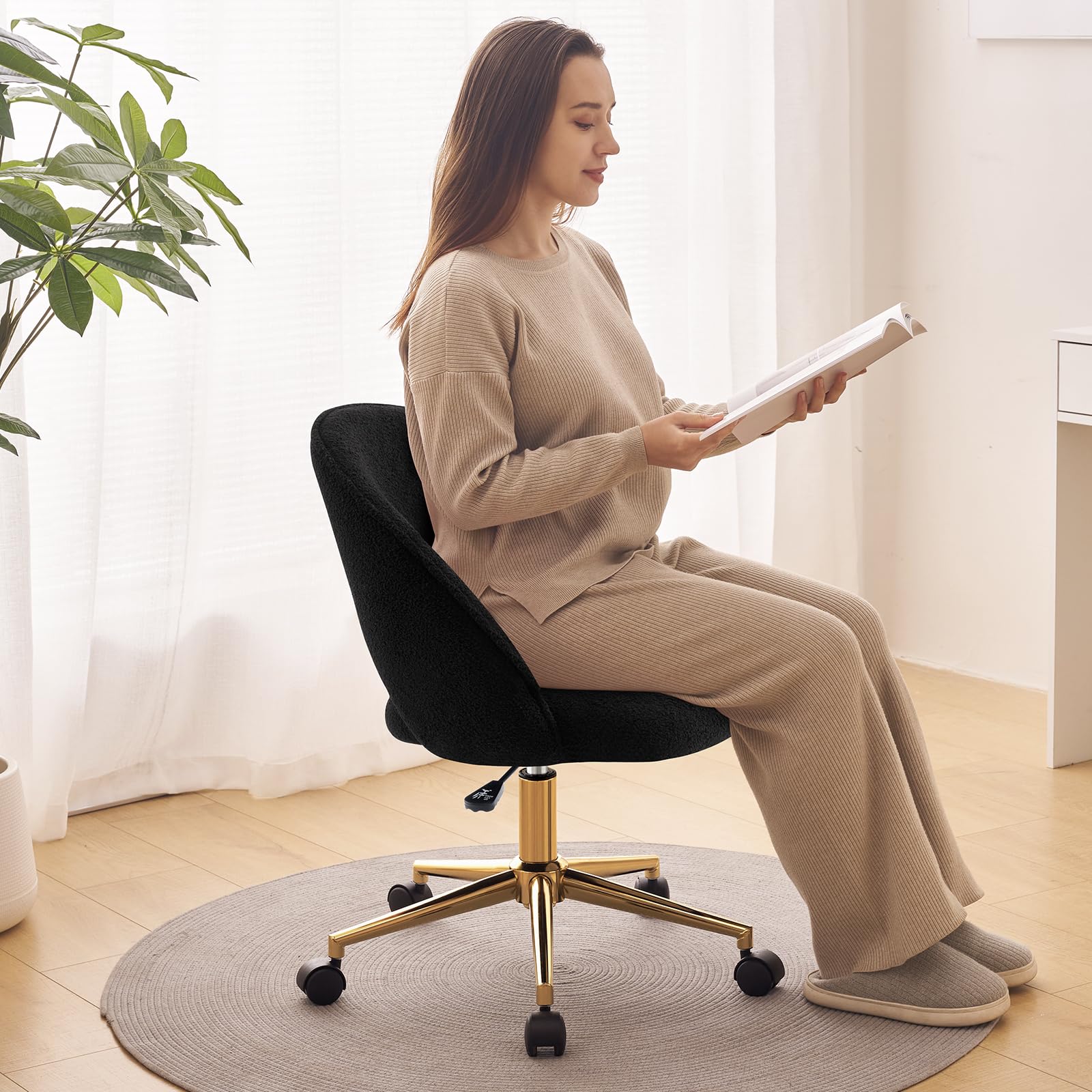 Furniliving Velvet Home Office Chair, Height Adjustable Swivel Vanity Chair with Wheels, Upholstered Desk Task Makeup Chair Computer Chair with Gold Metal Base Stool Chairs (Black)