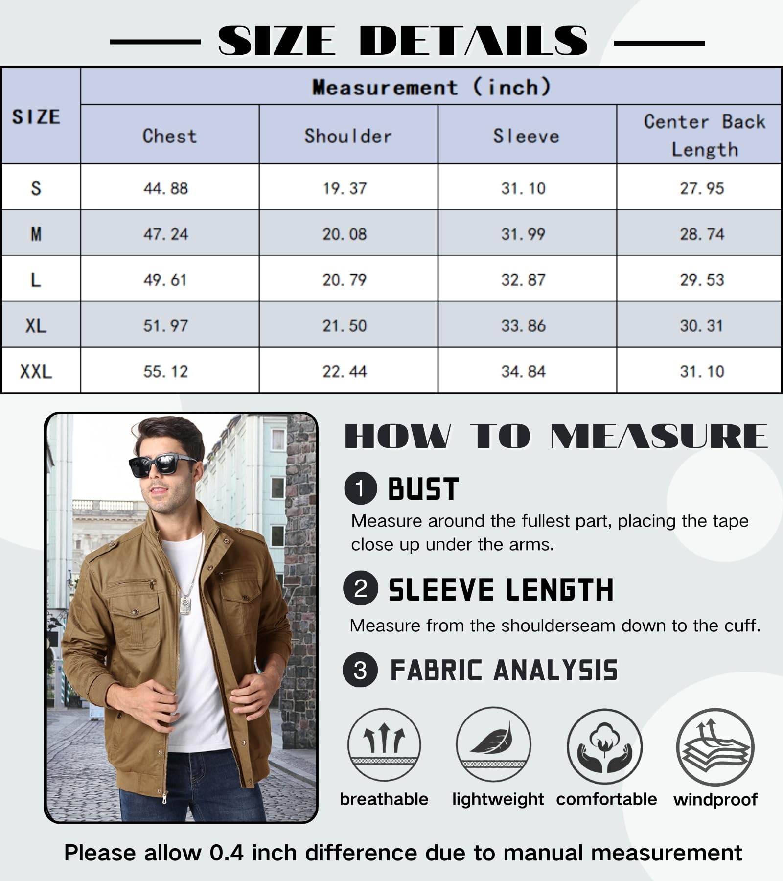 EKLENTSON Mens Cargo Jackets Men Military Windbreaker Cotton Jacket Mens Winter Bomber Jacket Khaki 2XL