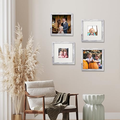 AVEAX 8x8 Picture Frames Display Pictures 4x4 with Mat or 8x8 Without Mat, Set of 4 Square Photo Frame for Wall or Tabletop White