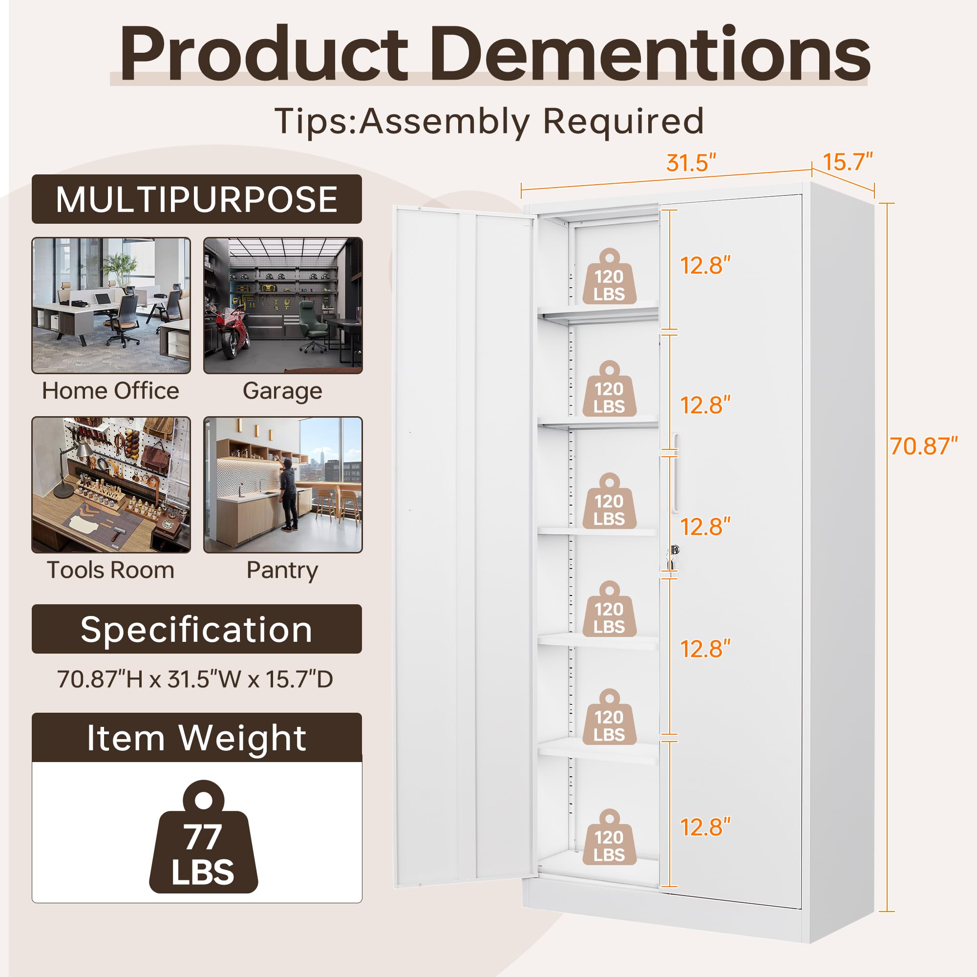 AFAIF Metal Storage Cabinet with Lock,71" White Garage Cabinet with 2 Doors and 5 Adjustable Shelves, Steel Locking Cabinets Tall Tool Storage Cabinet, Lockable File Cabinet for Home Office, Pantry